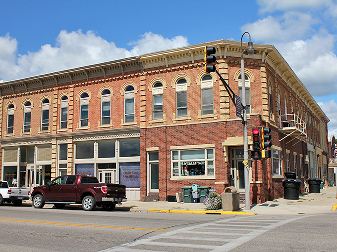 Historic brick buildings stand sentinel at Luverne's crossroads, where small-town charm meets big-sky country.