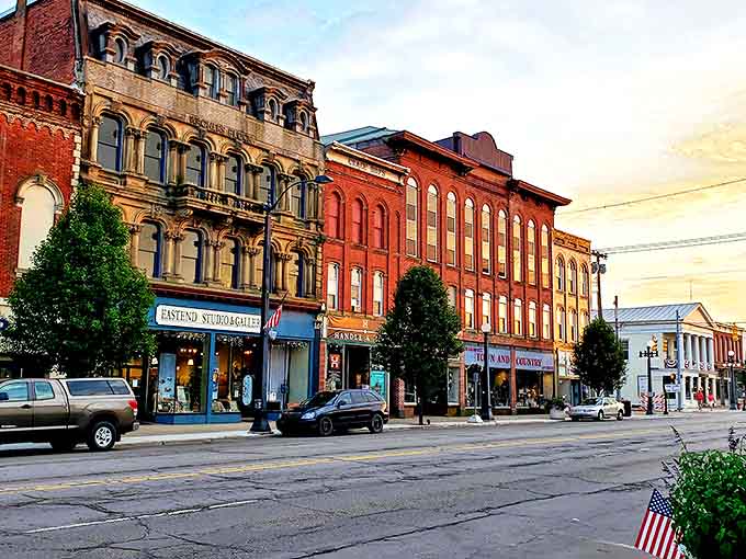 Marshall's historic downtown skyline glows at sunset, where 19th-century architecture tells stories of Michigan's past with every brick and cornice.