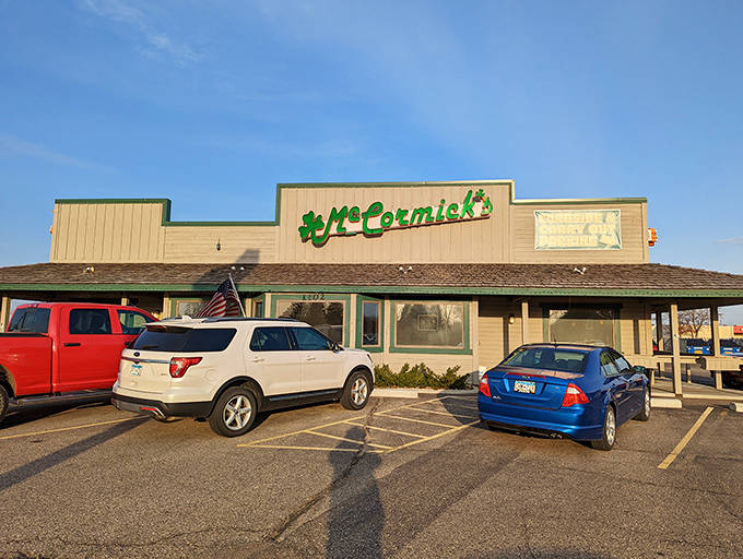 McCormick's welcoming exterior stands like a beacon of comfort food promise, the shamrock sign hinting at the Irish-inspired warmth waiting inside.