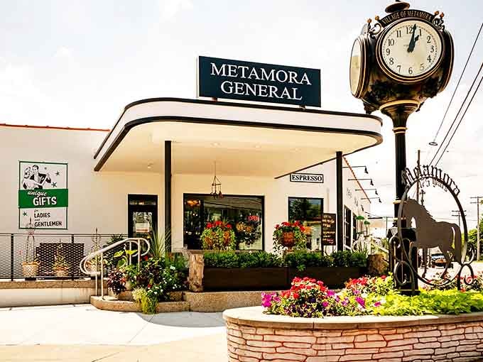 The White Horse Inn's vintage gas station exterior stands proudly in Metamora, complete with iconic clock and hanging flower baskets &ndash; small-town charm personified.
