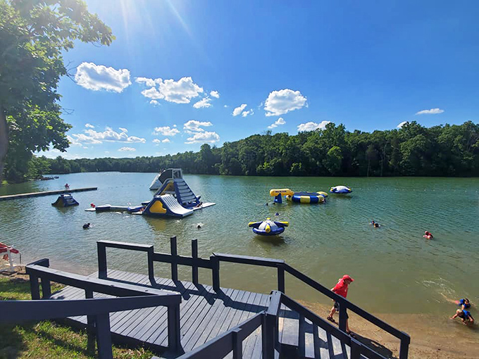 Paradise found: Mineral Springs Lake stretches before you like nature's welcome mat, dotted with floating adventures waiting to happen.
