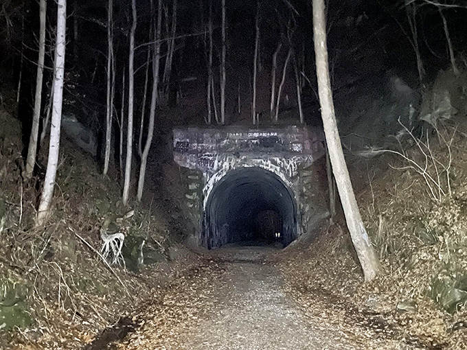 Moonville Tunnel stands sentinel in the darkness, its gaping mouth a portal to stories both historical and supernatural.