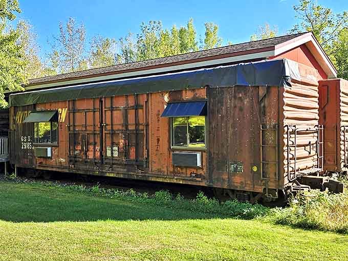 Rusty charm meets modern comfort: this converted boxcar stands ready to transport guests to dreamland without leaving the station.