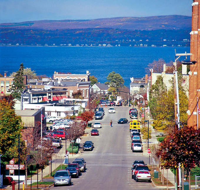 Downtown Petoskey stretches toward the brilliant blue of Little Traverse Bay—where every street leads to postcard-worthy views.