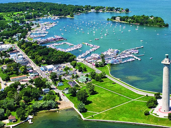 Put-in-Bay's harbor sparkles like a blue jewel, dotted with boats and surrounded by lush greenery &ndash; a perfect Ohio paradise.