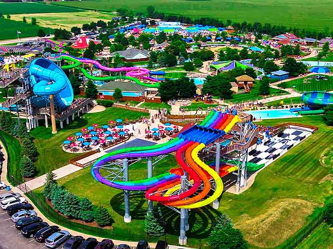 A kaleidoscope of twisting slides erupts from Illinois farmland like some magnificent aquatic mirage, promising cool relief from Midwest summer heat.