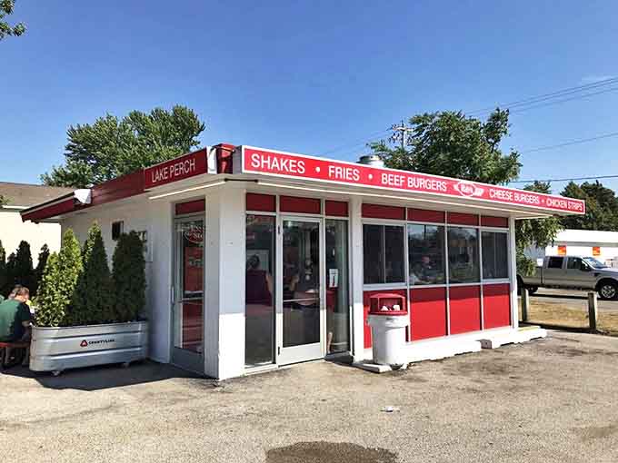 A splash of cherry-red against Michigan's blue sky, Ray's stands as a defiant monument to the golden age of American drive-ins.