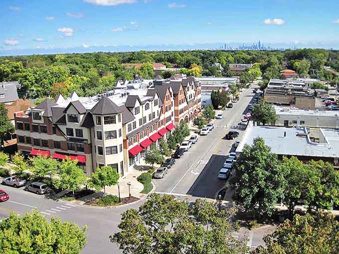 Riverside's downtown area offers a perfect blend of historic charm and modern amenities, with the Chicago skyline peeking through in the distance.