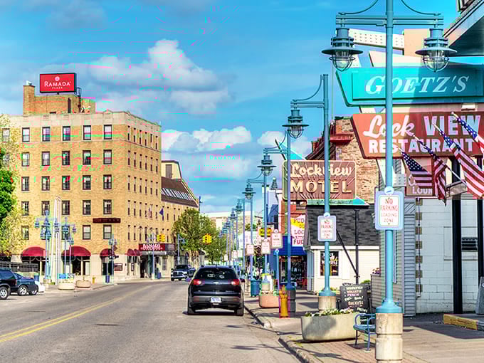 Downtown Sault Ste. Marie blends vintage neon signs with modern amenities, creating a streetscape that respects its past while embracing the present.