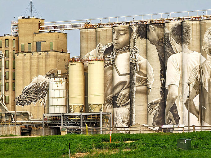 Towering above Mankato, these grain silos have been transformed into a canvas that tells the community's story through monumental portraits.