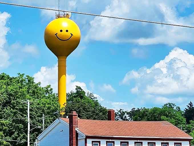 Sunshine on a stem! Eagle's iconic water tower greets visitors with an unmistakable grin against Wisconsin's blue skies.