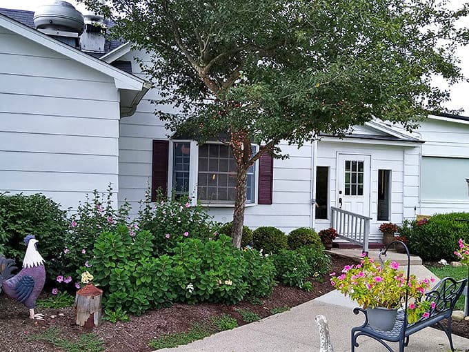 A charming white farmhouse nestled among lush greenery, Spillway Lodge beckons with the promise of culinary treasures within.