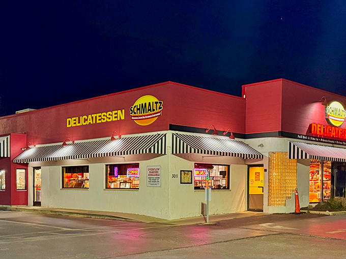 Schmaltz Delicatessen's iconic red exterior with black-and-white awnings glows like a beacon for sandwich lovers in suburban Lisle.