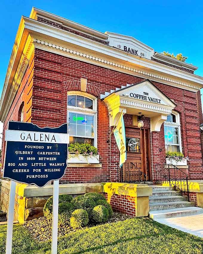 That's not a coffee shop facade, that's a statement: this 1906 bank building now guards espresso instead of deposits.