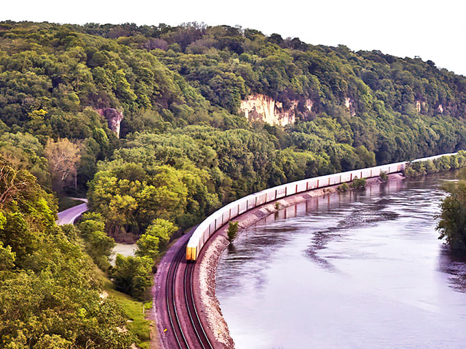 The Great River Road: Where train tracks and the mighty Mississippi play a game of follow-the-leader along limestone bluffs that have witnessed centuries of American history.