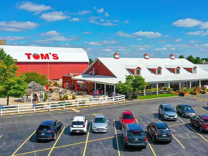 Tom's Farm Market stands proudly against the Illinois sky, its iconic red barn and white trim beckoning like a delicious mirage for hungry travelers.
