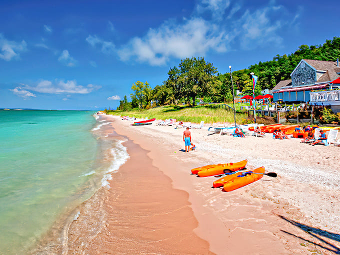 Turquoise waters meet golden sands at The Homestead's private beach, where Lake Michigan masquerades as the Caribbean with a refreshing Midwestern twist.