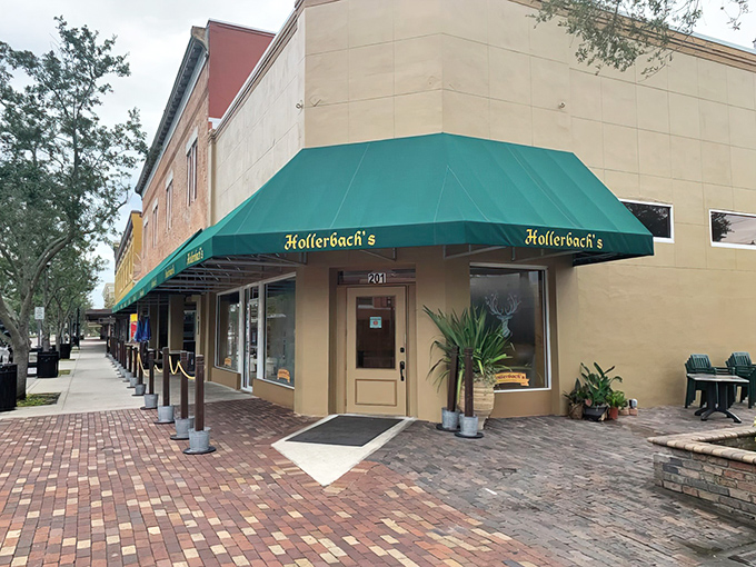 Hollerbach's welcoming exterior beckons with its distinctive green awning and charming brick walkway &ndash; a little slice of Bavaria in downtown Sanford.