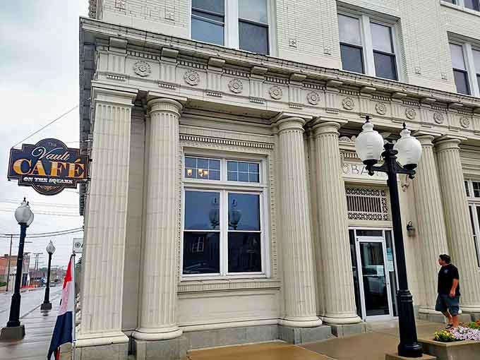 Classical columns and vintage stonework create an entrance worthy of your breakfast pilgrimage, where deposits of appetite yield withdrawals of satisfaction.