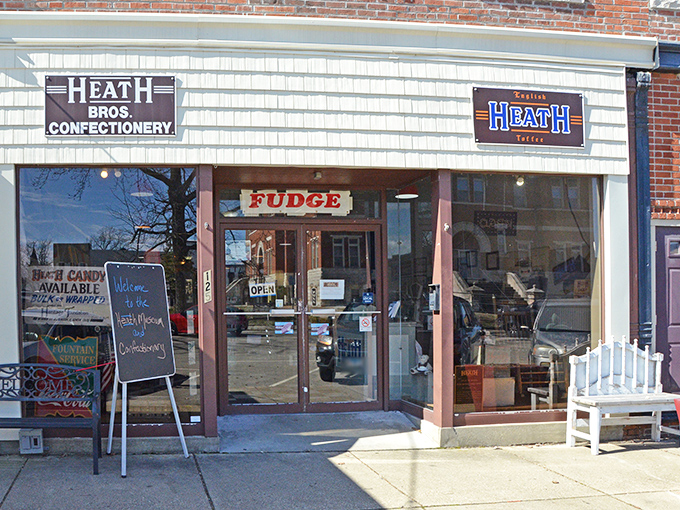 The iconic storefront beckons sweet-toothed travelers with its vintage charm and promise of sugary nostalgia inside Heath Bros. Confectionery.