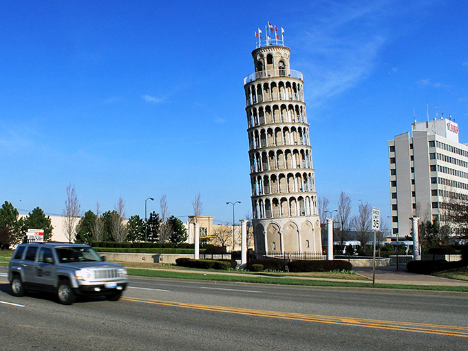 The Leaning Tower of Niles stands proudly along Touhy Avenue, bringing a slice of Italian charm to suburban Illinois with its distinctive tilt.