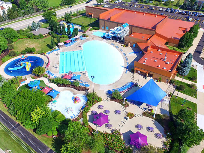 Aerial paradise: Coral Cove Water Park sprawls like an aquatic oasis in Carol Stream, where summer dreams come with a side of splashing fun.