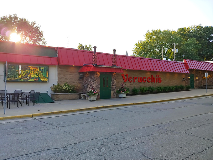 Exterior: The iconic red roof and welcoming facade of Verucchi's stands as a beacon of Italian culinary tradition in Spring Valley, promising delicious memories in the making.
