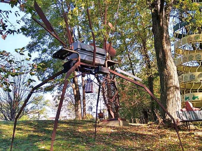 Where else can you find a praying mantis made of rust meeting the sky? Only in Galena's most delightfully weird backyard.
