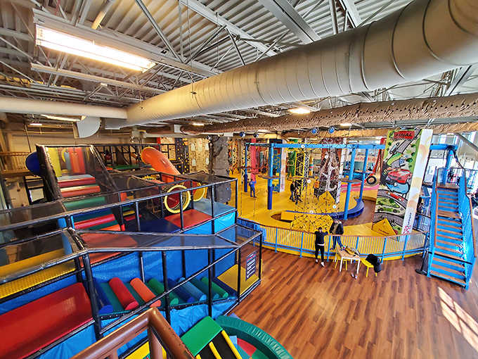 Funtopia's multi-level playground paradise stretches toward the ceiling, a kaleidoscope of tubes, platforms, and challenges that would make hamsters jealous of human children.