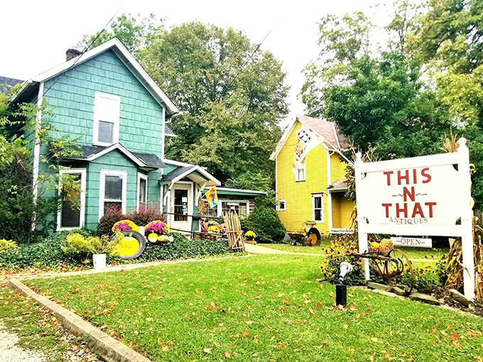 Two Victorian houses dressed in turquoise and sunshine yellow stand like a pair of cheerful sisters, proving that antique shops don't have to look stuffy to be serious about their treasures.