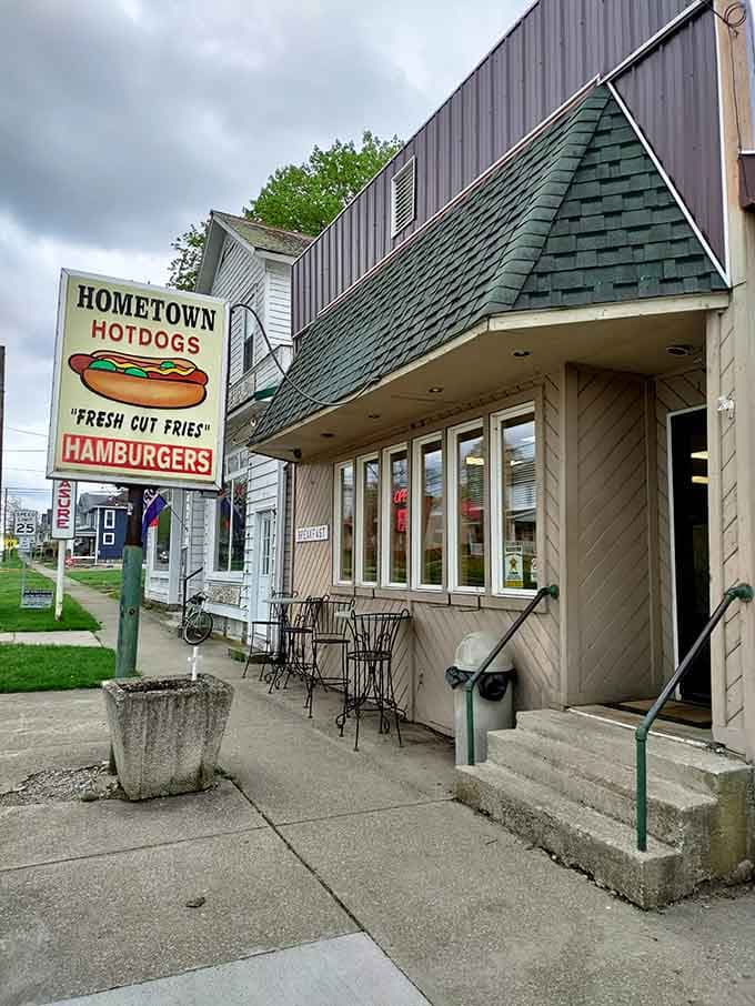 The unassuming exterior of Hometown Hotdogs proves that the best treasures often come in the simplest packages, no fancy facade needed.