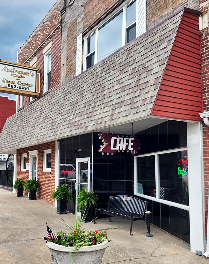 Brick, awning, and modest signage – Andresen's exterior stands as a time capsule of Main Street America, inviting hungry travelers to step back in time.