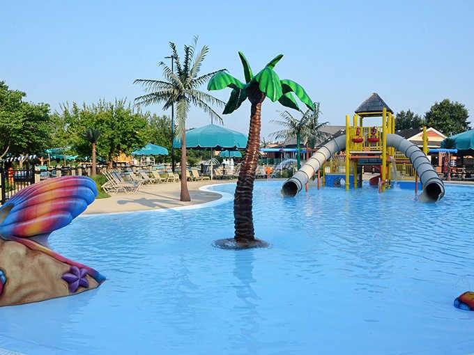 Palm trees rising from crystal blue waters create a tropical mirage in the heart of Illinois &ndash; summer paradise found!