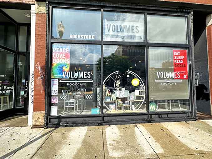 Volumes Bookcafe beckons from Milwaukee Avenue with promises of literary treasures and caffeinated delights behind its inviting storefront windows.