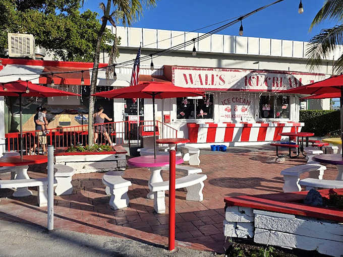 Wall's Old Fashioned Ice Cream stands proudly in Miami, its red and white striped facade promising sweet nostalgia and frozen delights for all who approach.