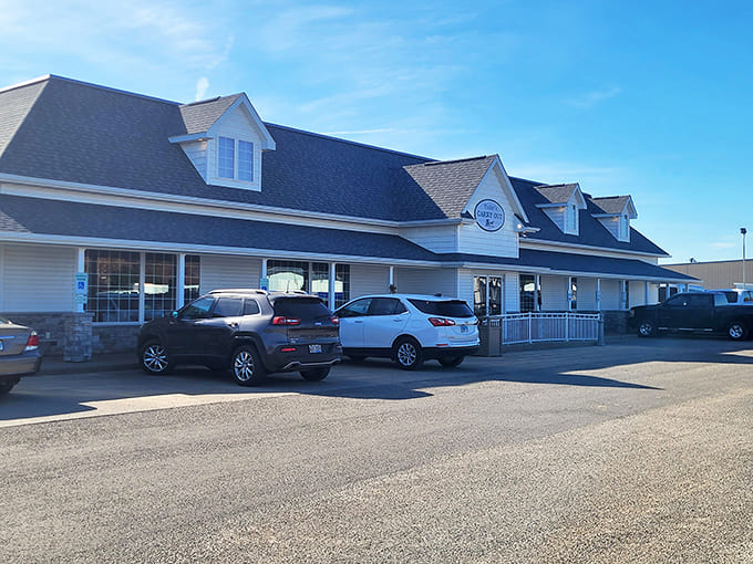 The charming exterior welcomes visitors with classic architecture and plenty of parking for the crowds who make the pilgrimage here.