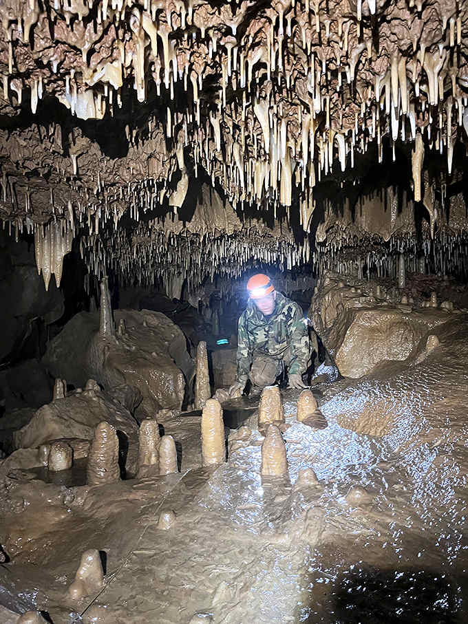Delicate stalactites dangle from the ceiling, each one a testament to centuries of patient, drop-by-drop formation.
