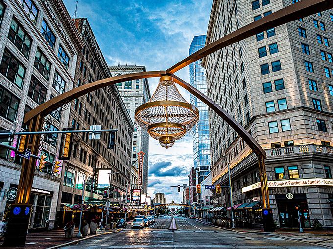 Cleveland's crown jewel hovers majestically above Euclid Avenue, transforming an ordinary intersection into something straight out of a metropolitan fairytale.