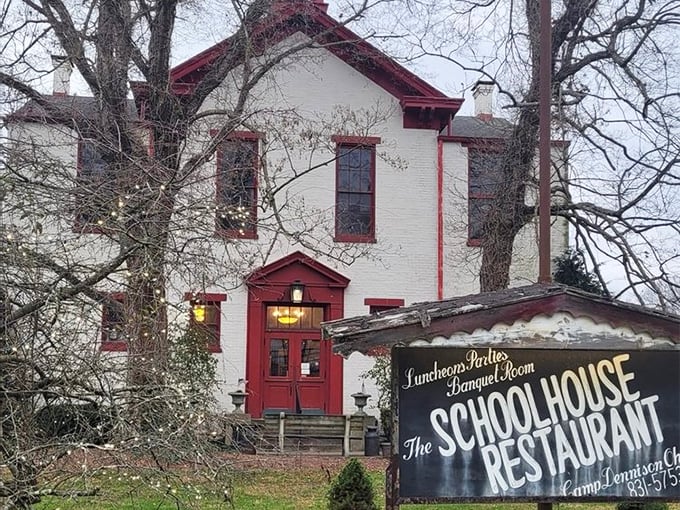 A storybook vision in white and red, The Schoolhouse Restaurant stands as proudly today as when students rushed through its doors.