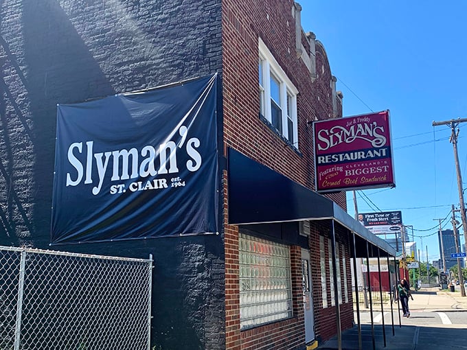 The iconic Slyman's storefront stands proudly on St. Clair Avenue, a beacon for sandwich lovers since 1964.