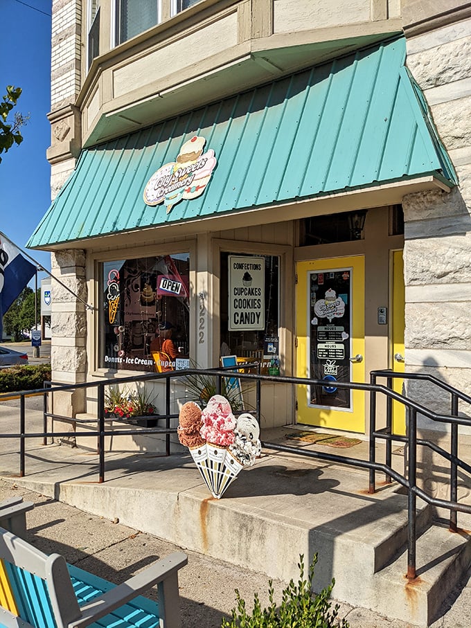 The cheerful turquoise awning and sunny yellow door of City Sweets & Creamery beckon sweetly from downtown Bellefontaine, promising sugary treasures within.
