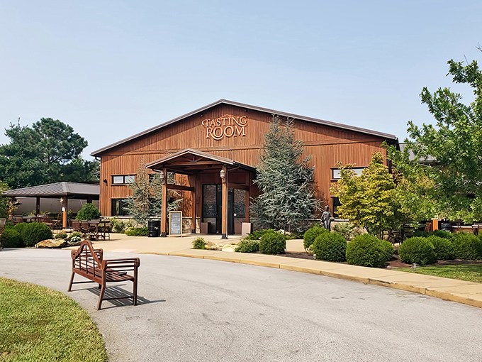 The welcoming wooden exterior of Walker's Bluff houses unexpected treasures &ndash; a rustic-chic gateway to wine country charm in the heart of Illinois.
