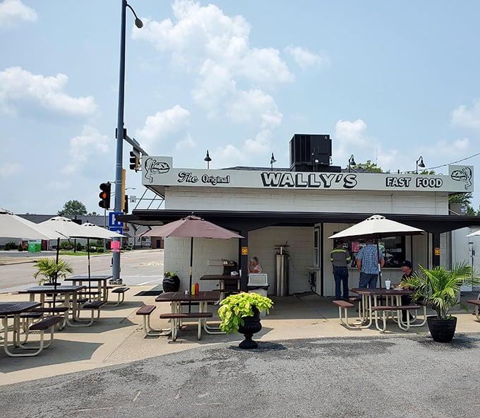 The iconic white exterior of Wally's Drive-In stands proudly under blue Illinois skies, promising burger perfection since 1951.