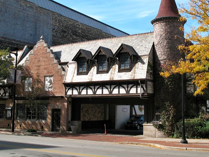 The storybook exterior of Mader's Restaurant, with its stone tower and Tudor-style architecture, stands as Milwaukee's portal to old Bavaria.