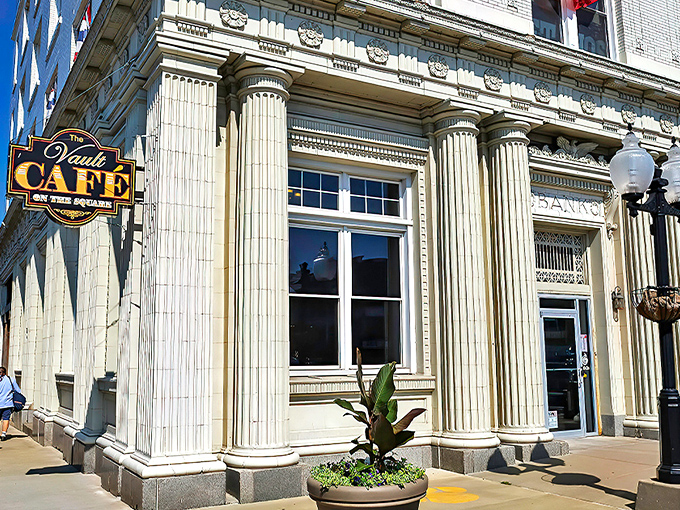 The Vault Caf&eacute;'s impressive exterior features classic columns and architectural details that whisper stories of Marion's banking history.