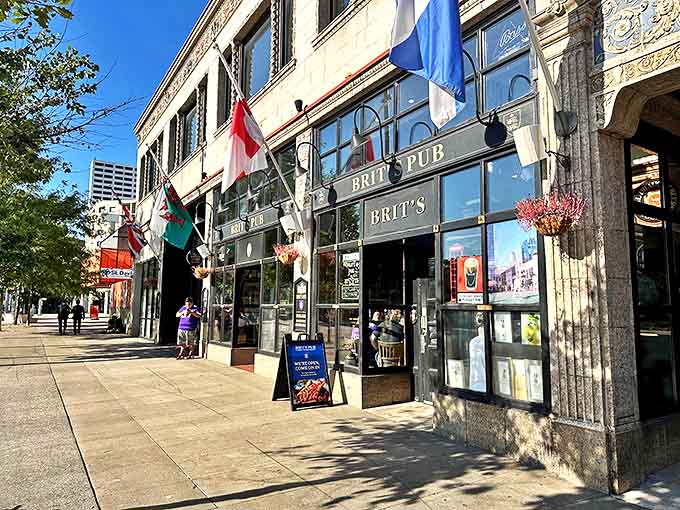 Brit's Pub's stately exterior on Nicollet Mall flies flags from around the world, promising international hospitality with a British accent.