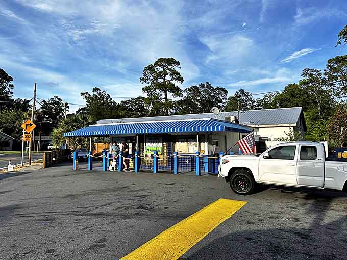 The iconic blue-striped awning of Dreamette stands as a beacon of sweet nostalgia in Jacksonville, promising frozen delights that have stood the test of time.