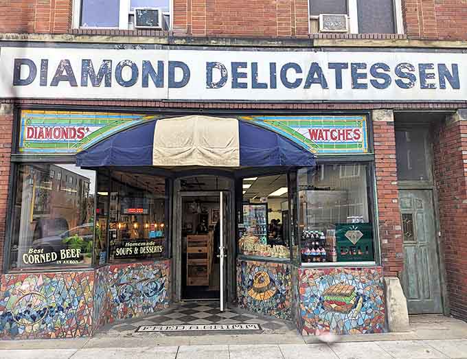Exterior: The iconic Diamond Delicatessen storefront, where colorful mosaics and vintage signage promise sandwich nirvana within.