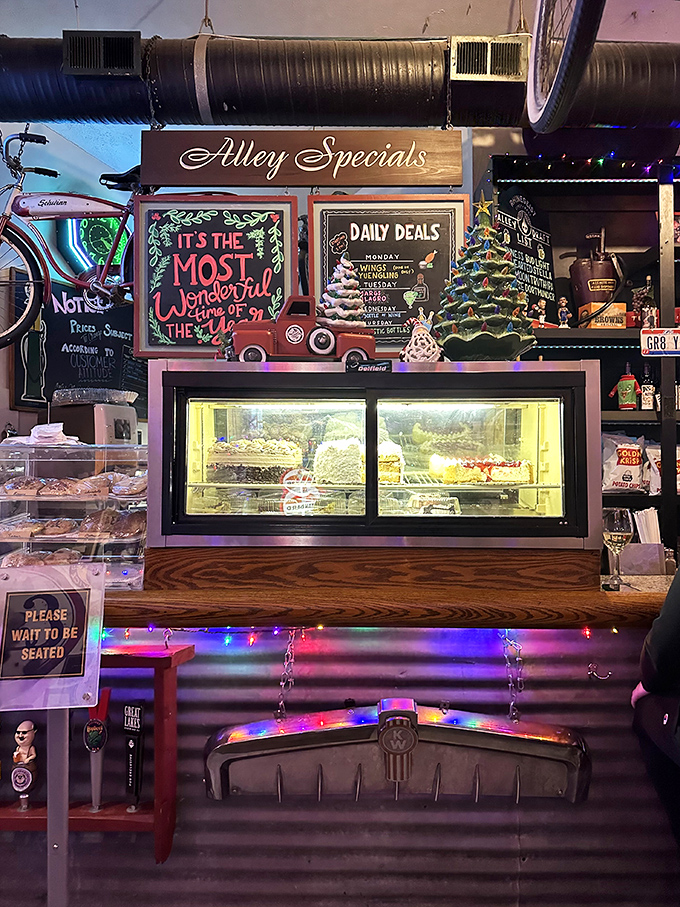 The dessert case tempts with homemade treats that change regularly, offering sweet endings that look as though they were made with love rather than mass-produced.