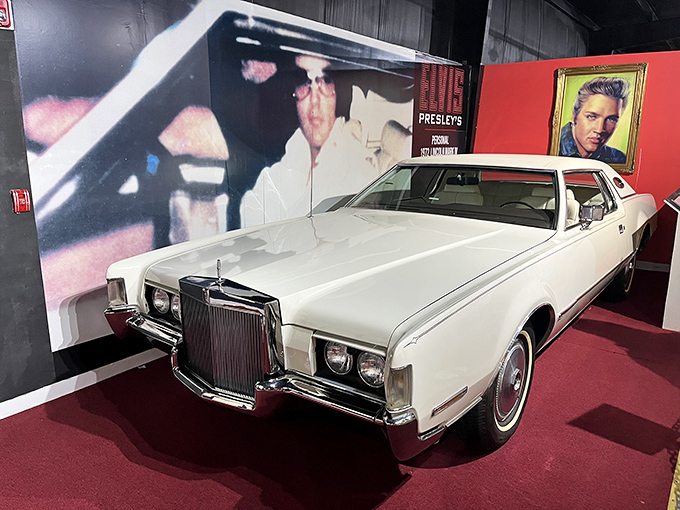 The King's chariot! Elvis Presley's pristine Lincoln Continental gleams in white, almost as flashy as its famous owner's jumpsuits.